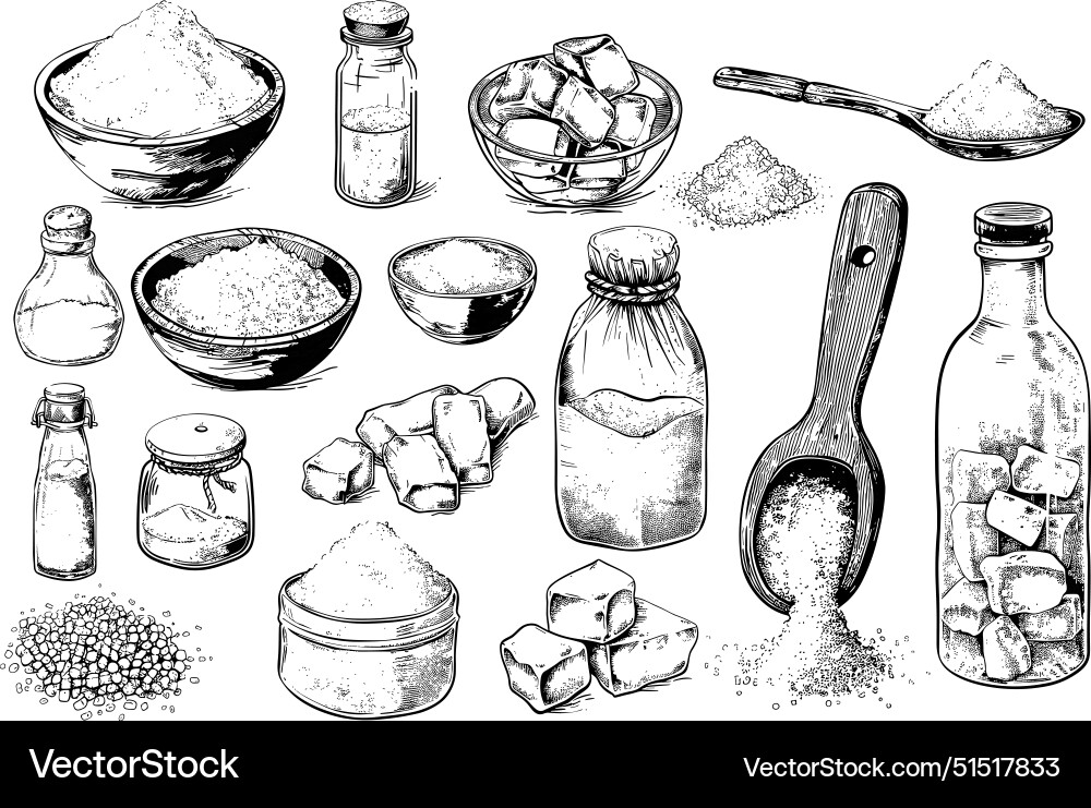 Salt pencil sketch set spoon powder bowl Vector Image