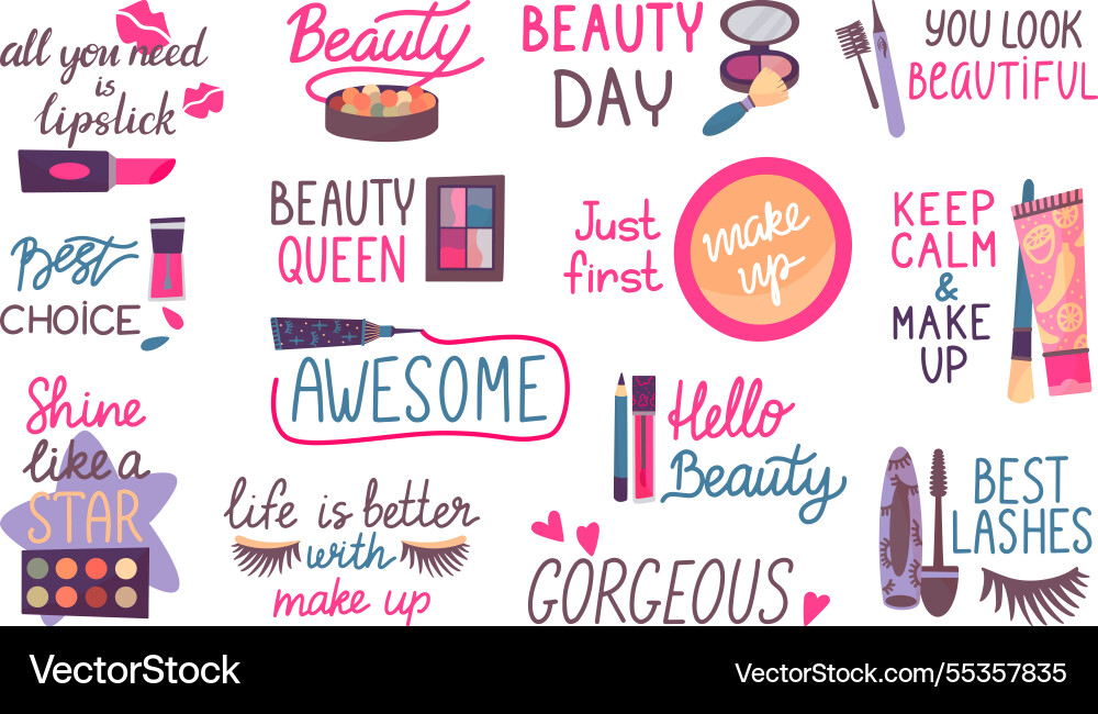 Beauty makeup lettering elements with cosmetics Vector Image