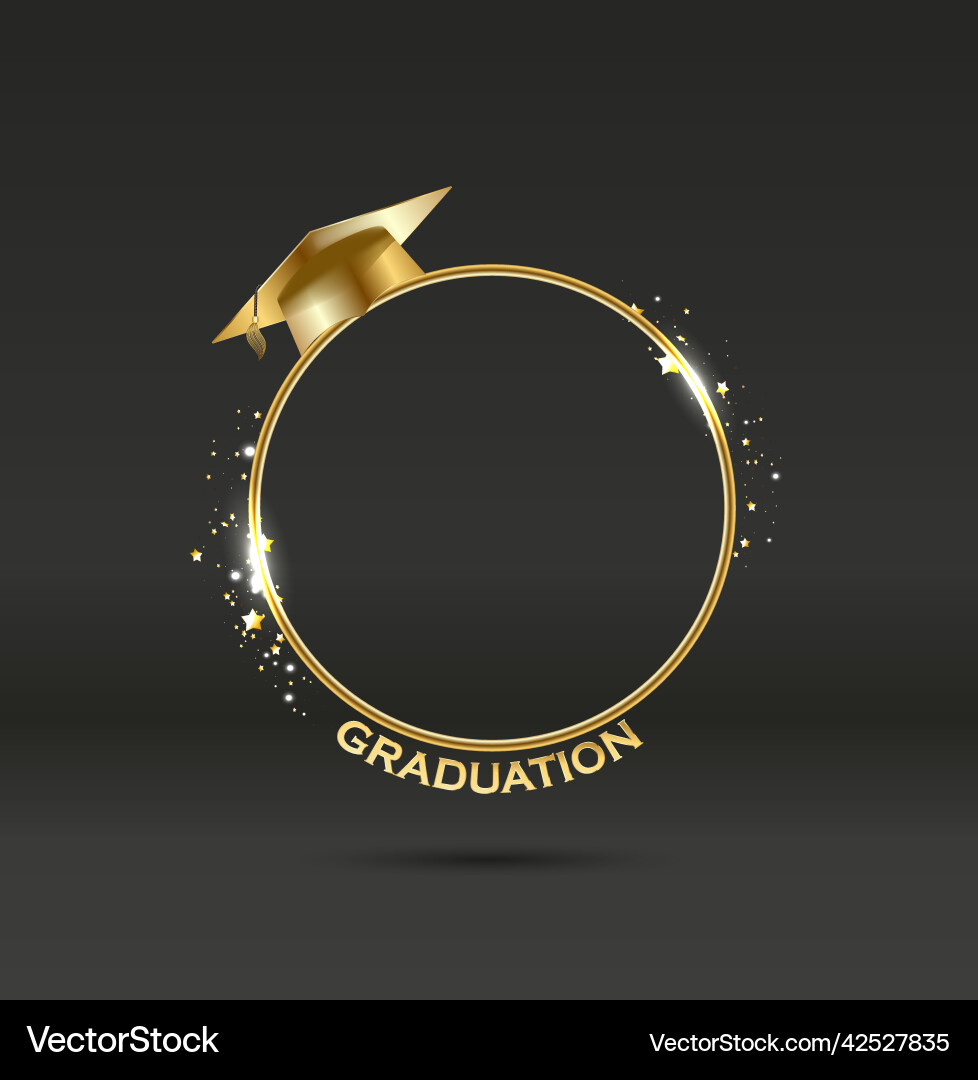 Golden round frame with a graduate hat 3d Vector Image