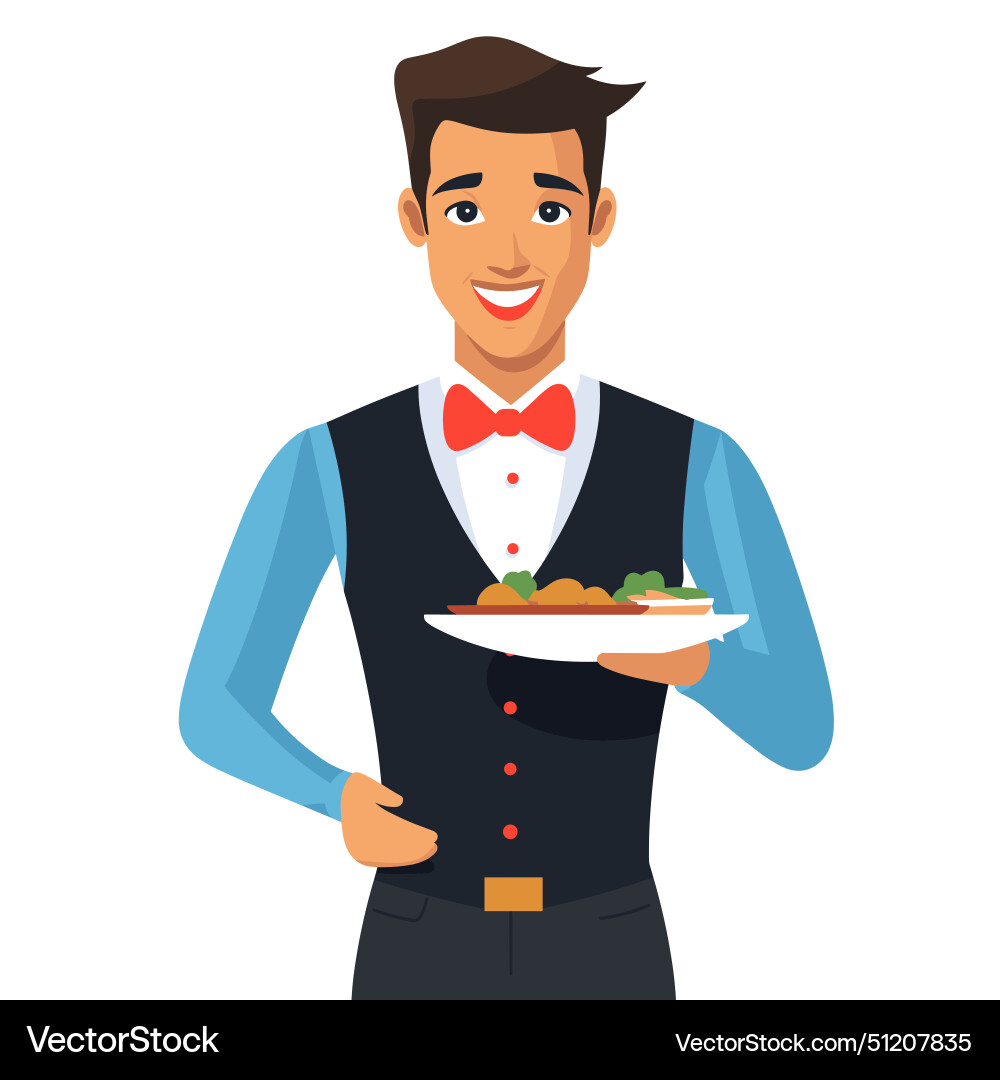 Waiter smiling holding dish ready serve customers Vector Image