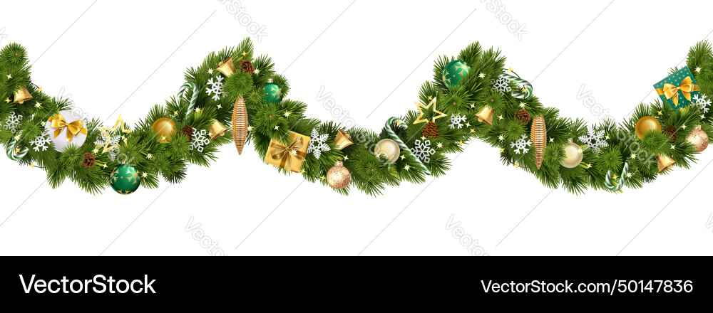Christmas pine wave with golden decorations Vector Image