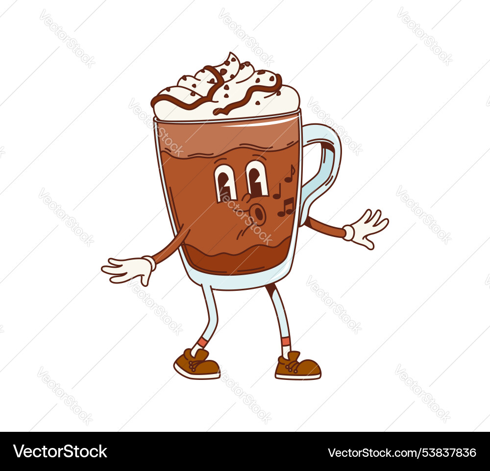 Retro groovy hot chocolate dessert character Vector Image
