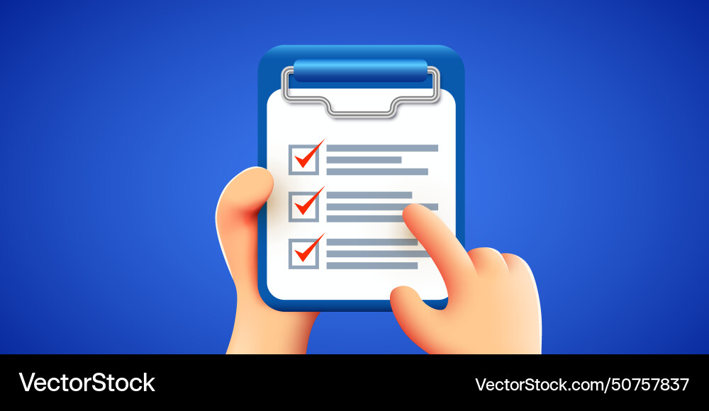 3d hand hold clipboard with check list Royalty Free Vector