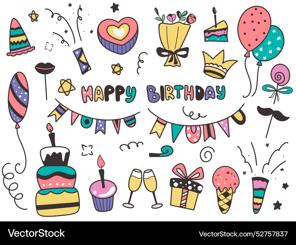 Birthday doodle elements set graphics Royalty Free Vector