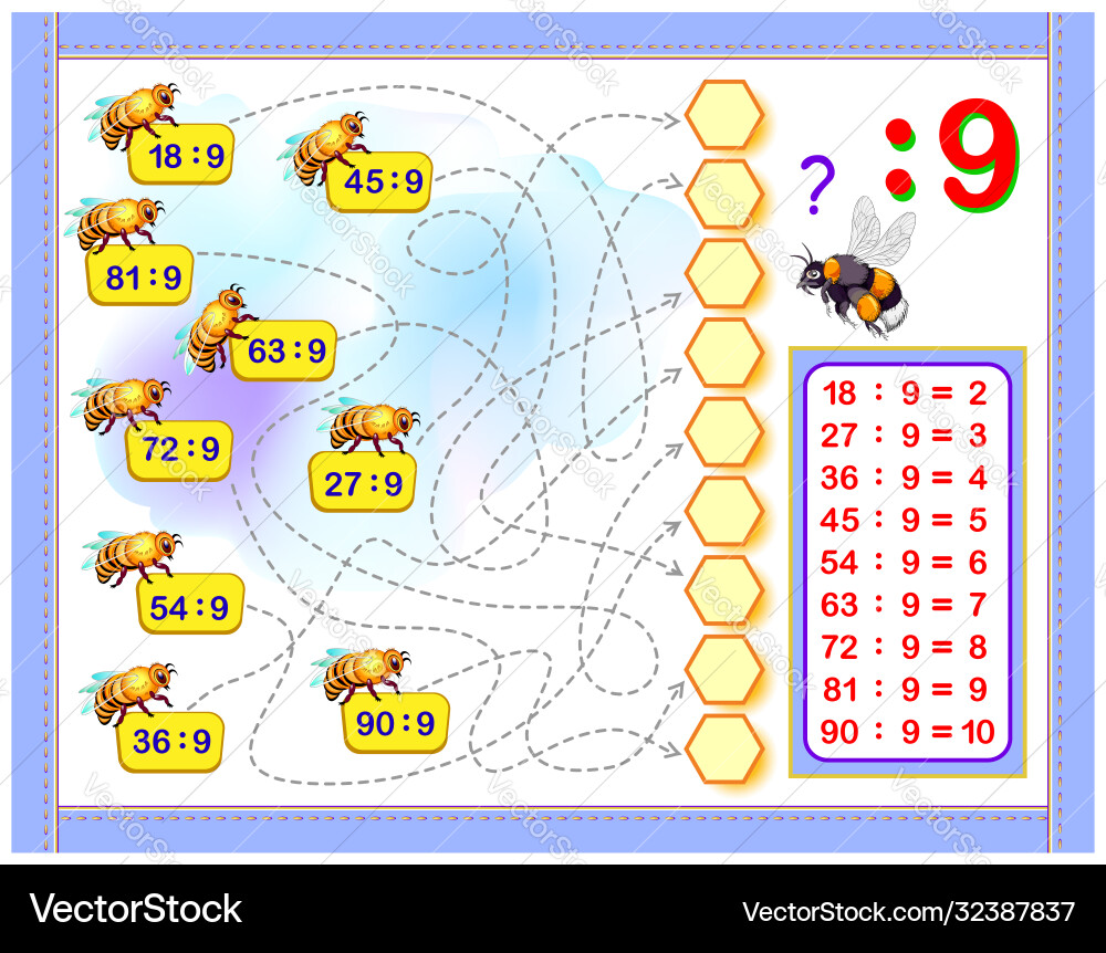 Exercises for kids with division number 9 Vector Image
