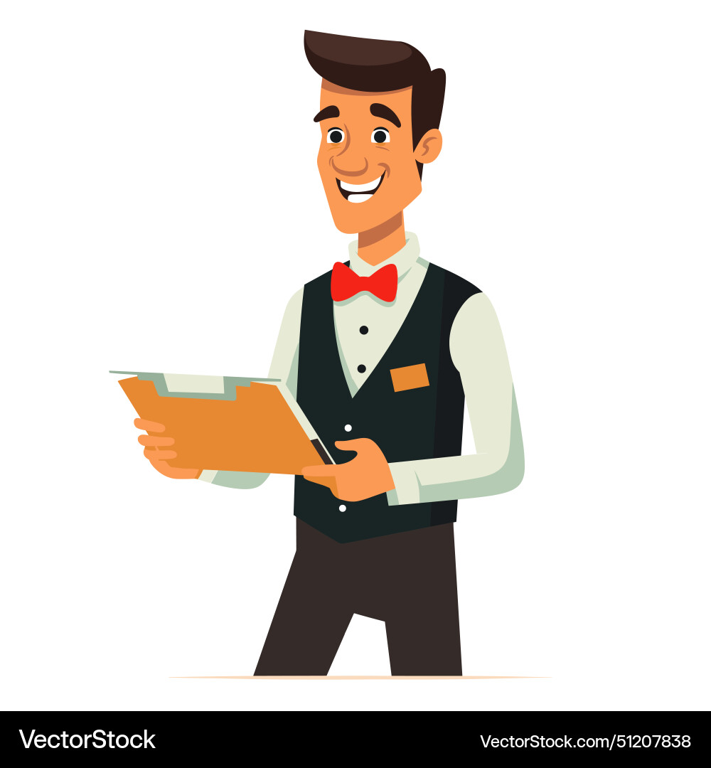 Waiter smiling holding menu ready take order Vector Image