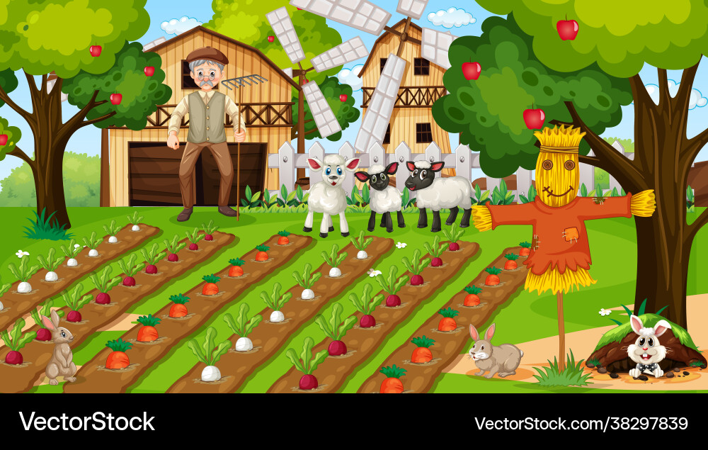 Farm scene at daytime with old farmer man Vector Image