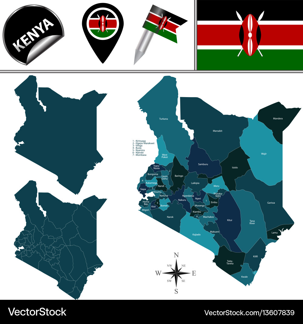 Map of kenya with named counties Royalty Free Vector Image
