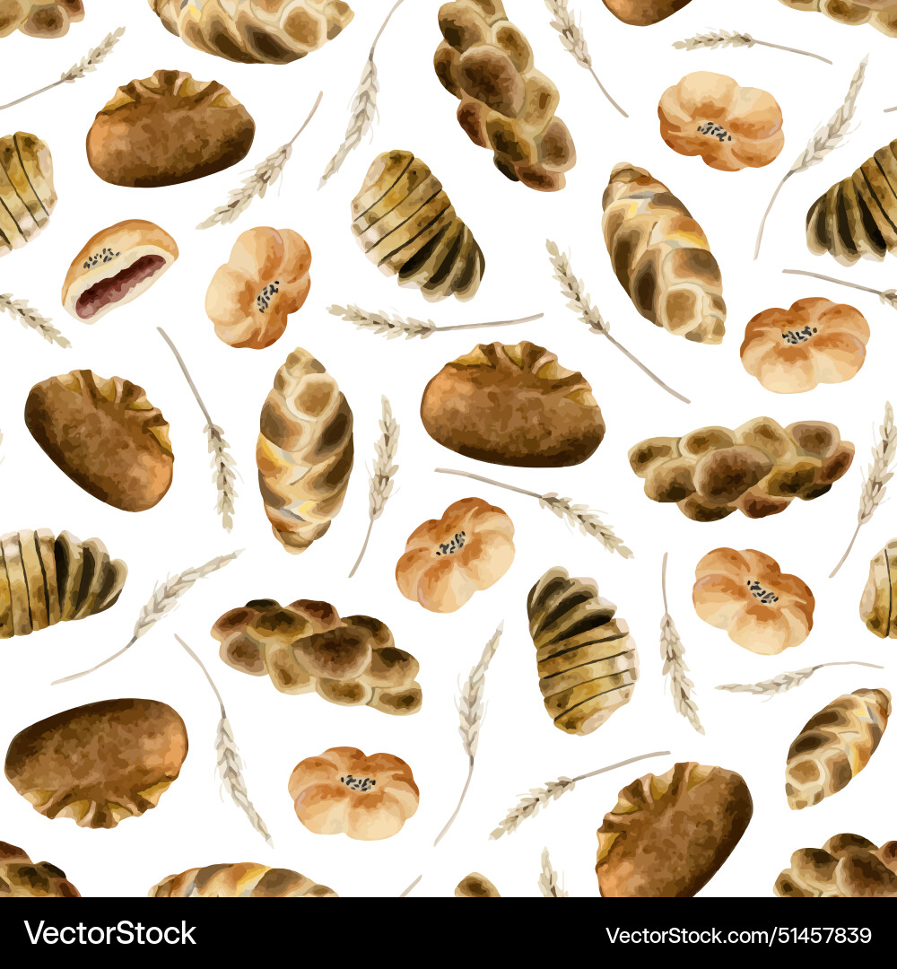 Watercolor fresh bread sweet buns seamless pattern