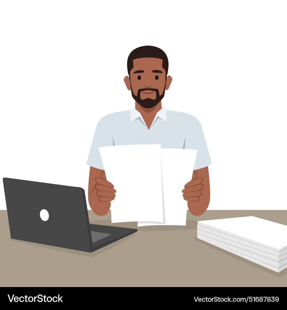 Young man looking through paper documents Vector Image