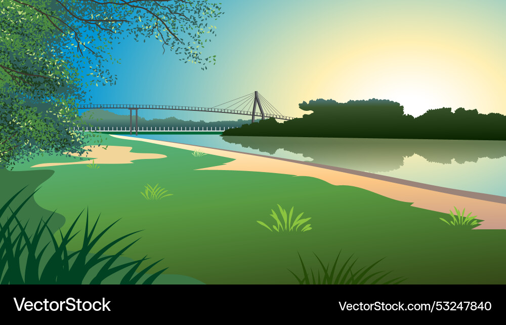 A park with bridge over lake Royalty Free Vector Image