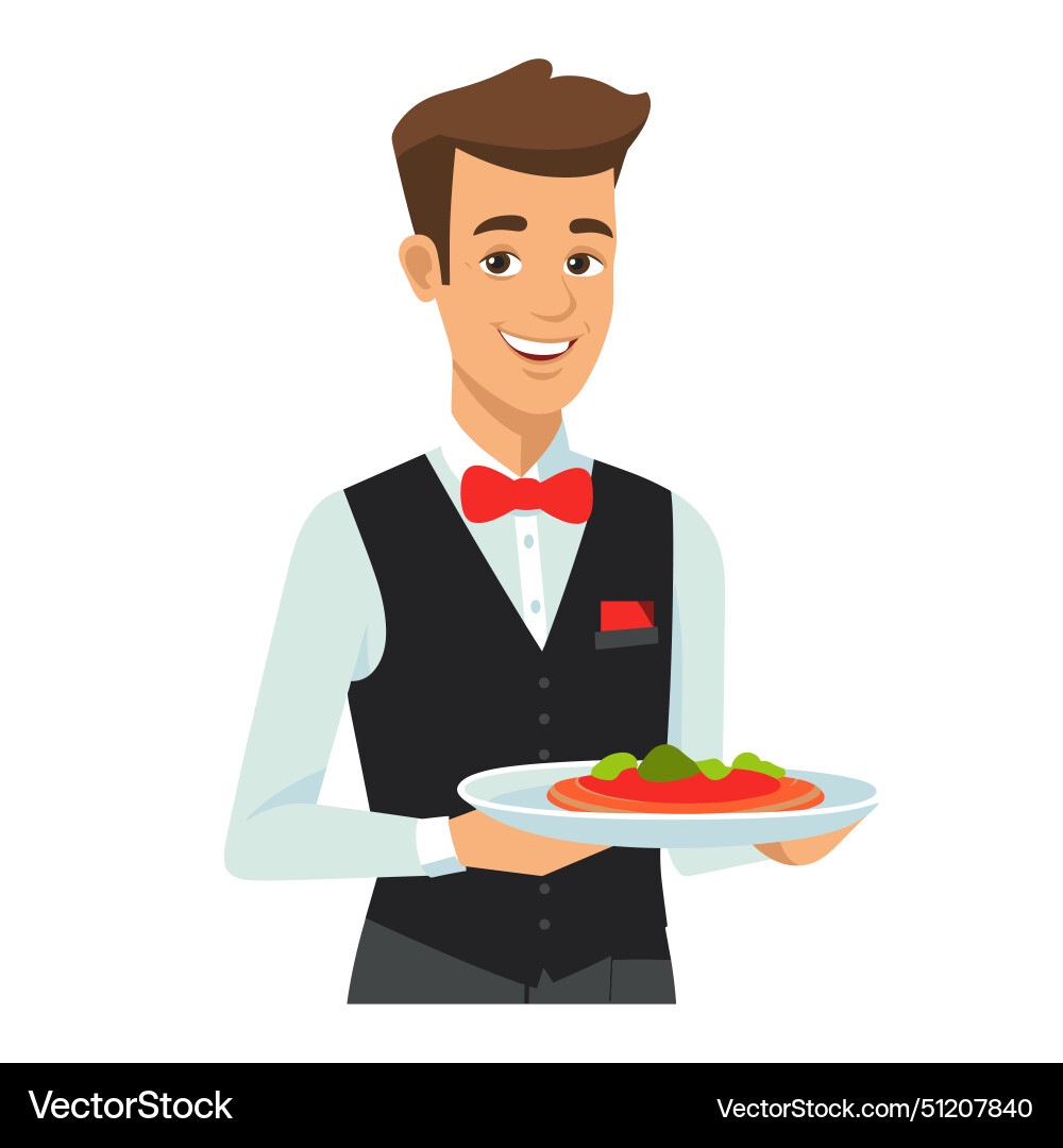 Waiter smiling holding dish ready serve customers Vector Image
