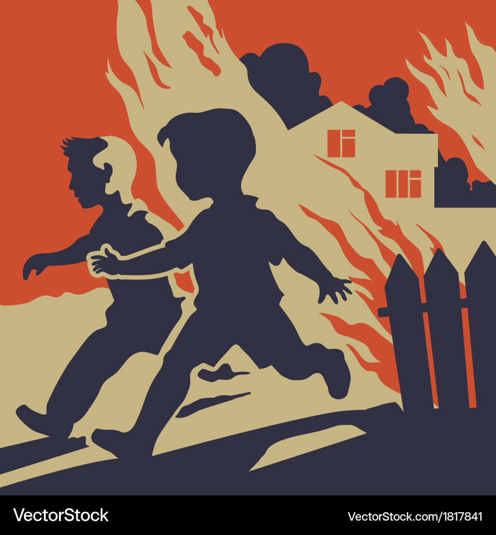 Children running away from fire flames Royalty Free Vector