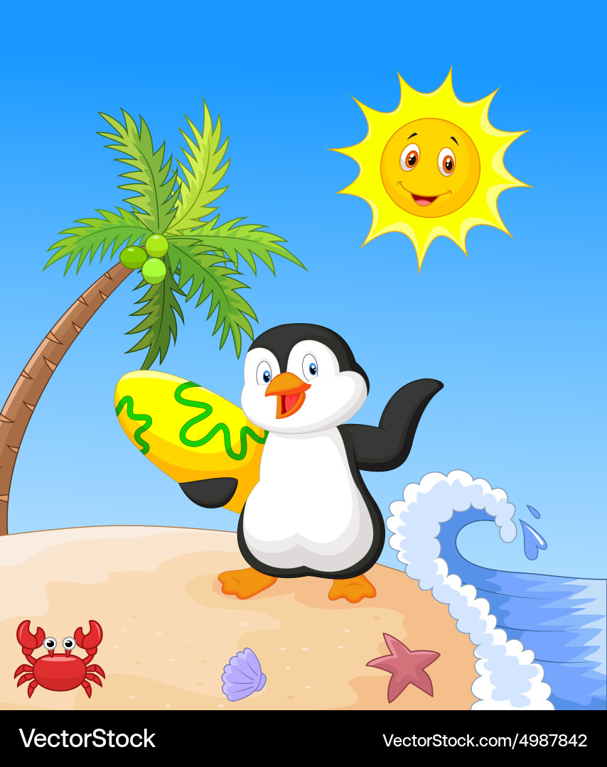 Cheerful Penguin on a Summer Beach Royalty Free Vector Image