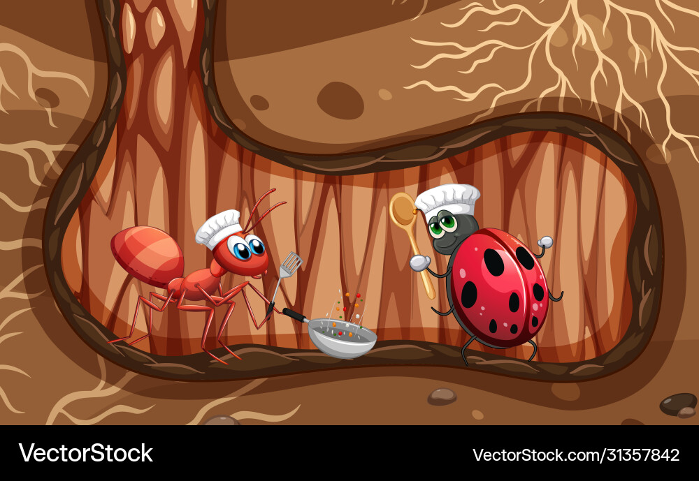 Underground scene with ant and ladybug cooking Vector Image