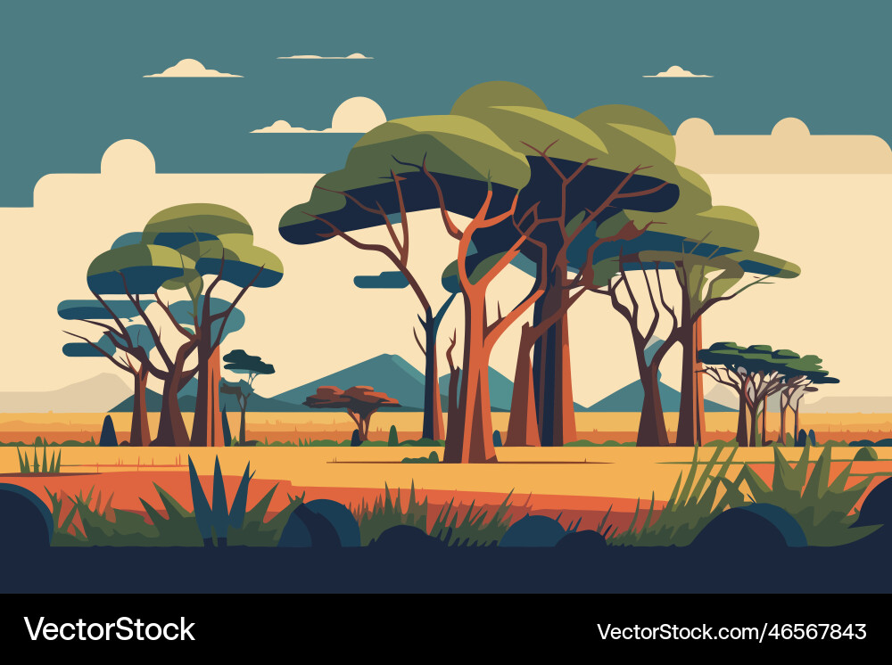 African savannah landscape with trees in flat Vector Image