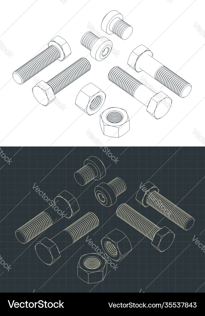 Isometrische Schrauben und Muttern Zeichnungen Set