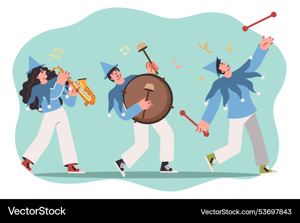Marching Band mit Musikinstrumenten in Händen Vektorbild