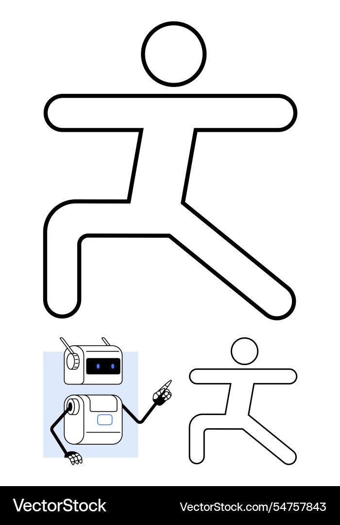 Stick figure in action pose with futuristic robot Vector Image