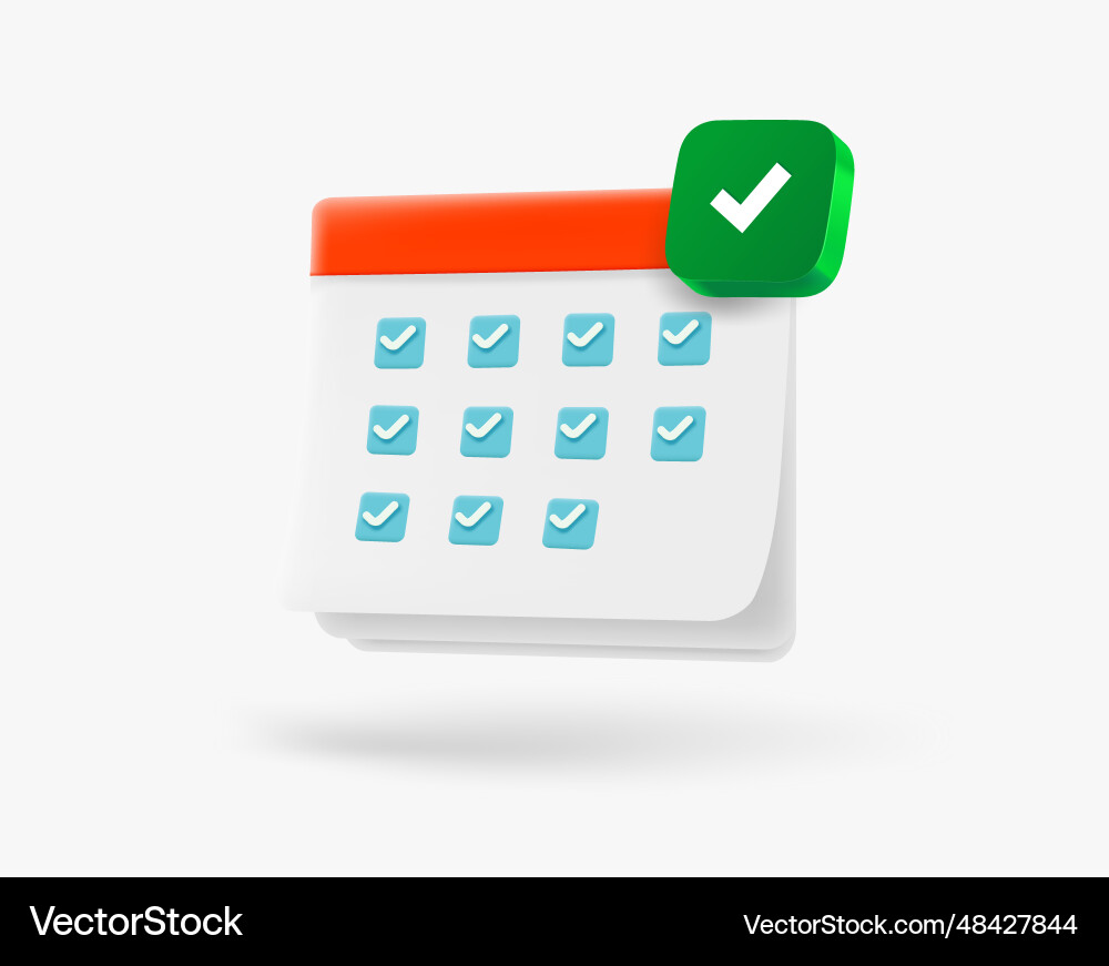 Paper calendar with green checkmark 3d icon Vector Image