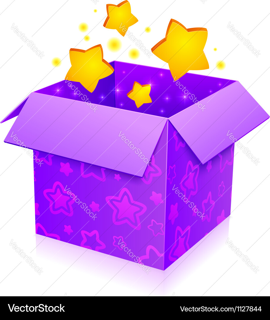 Violet magic box with yellow stars inside Vector Image