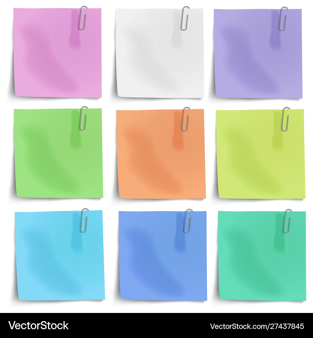 Colorful Sticky Notes with Metallic Paper Clip Vector Image