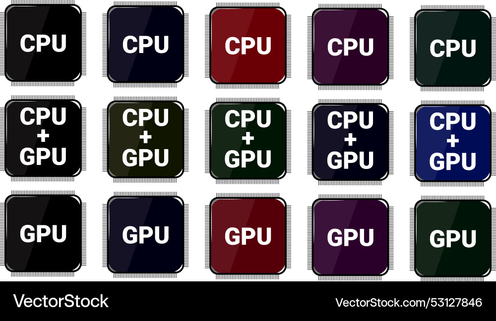 Cpu gpu chips set of 15 colorful isolated Vector Image