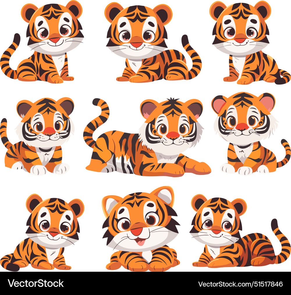 Tiger cartoon set striped cat cute big Royalty Free Vector