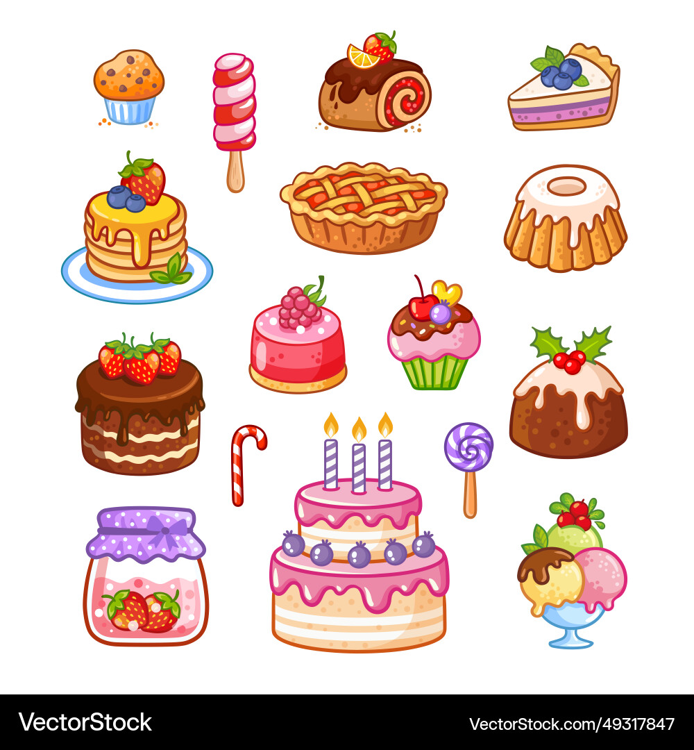 Set of sweets sweet pastries cake pie Royalty Free Vector