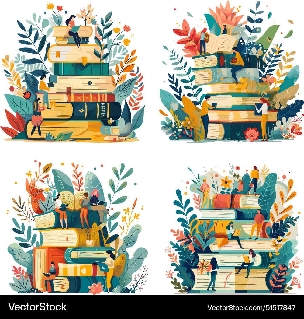 Tiny people reading big books cartoon Royalty Free Vector