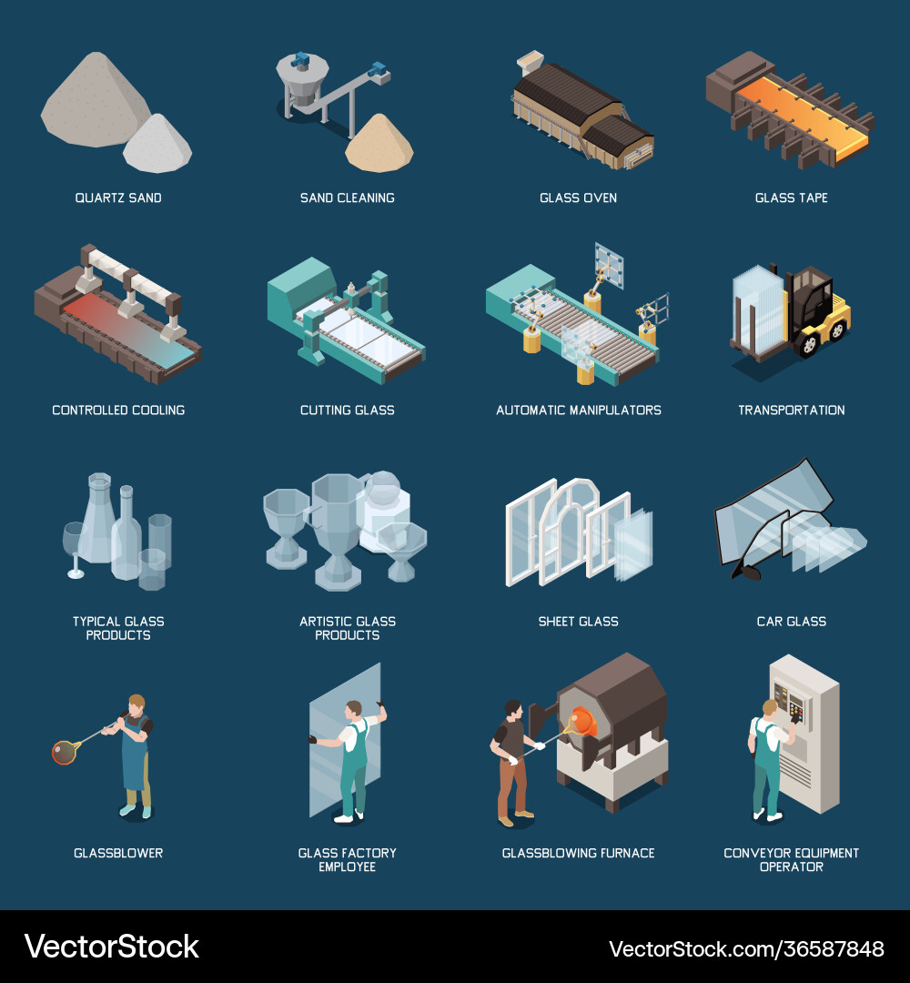 Glass production isometric icons Royalty Free Vector Image