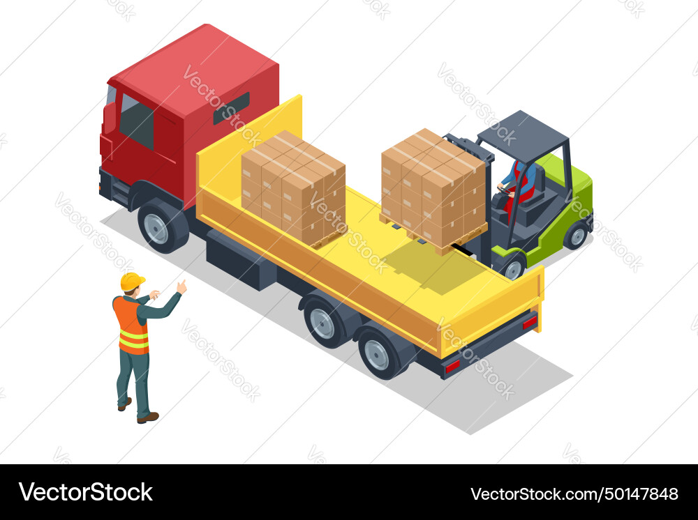 Isometric forklift tractor loading package boxes Vector Image