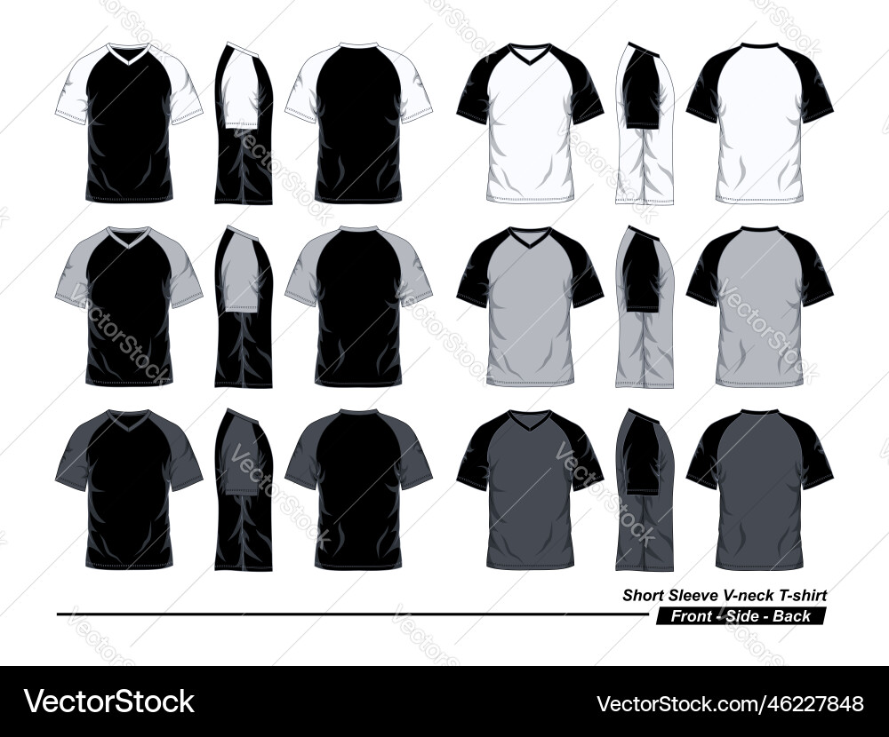 Raglan v-neck t-shirt front side and back view Vector Image
