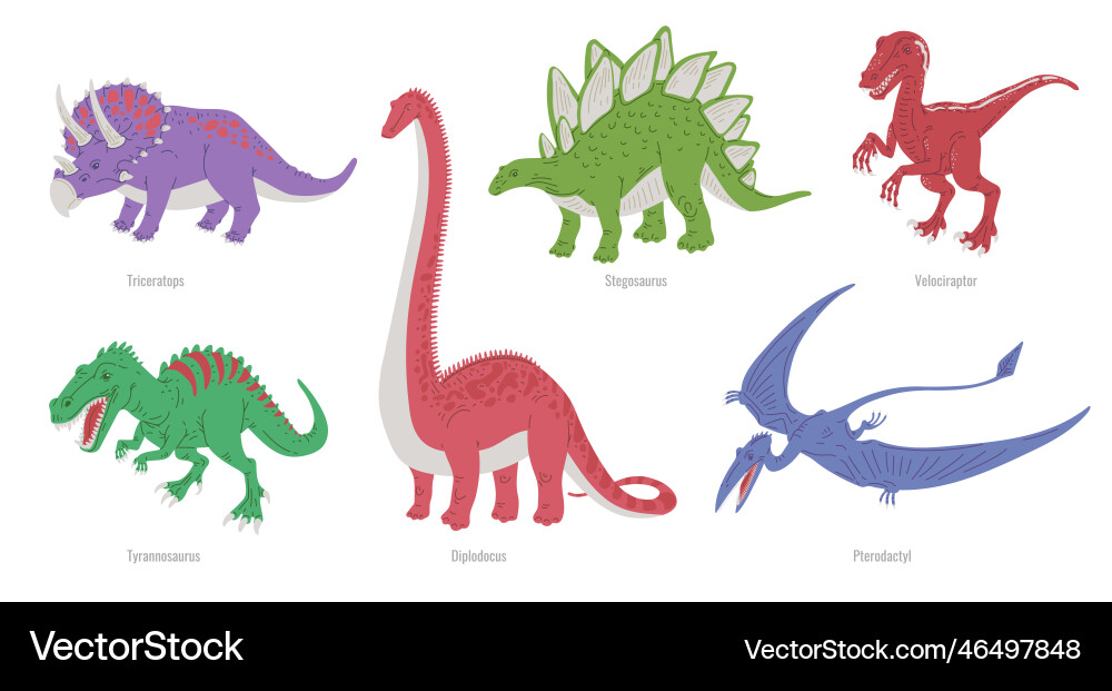 Set of various dinosaurs with names - flat Vector Image