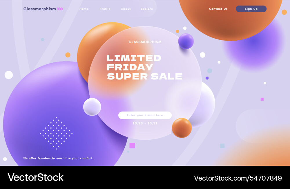 Realistic glassmorphism effect landing page Vector Image