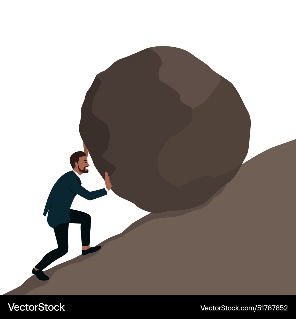 Young bearded businessman pushing a big boulder Vector Image