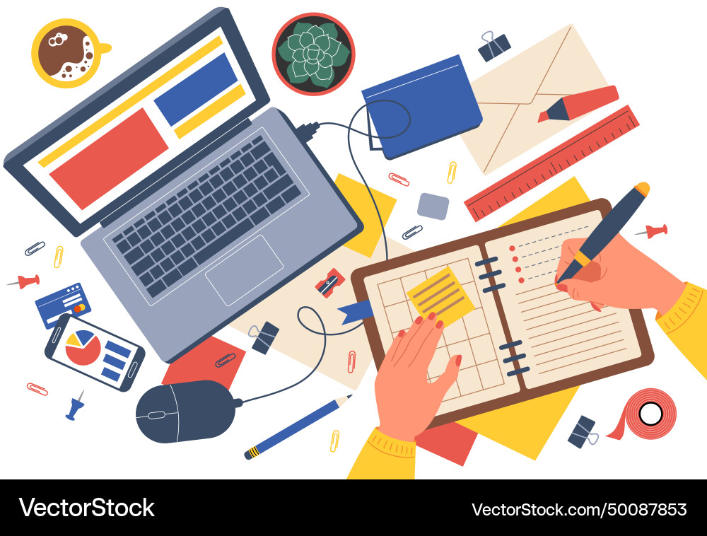 Office workplace business agenda plan laptop Vector Image
