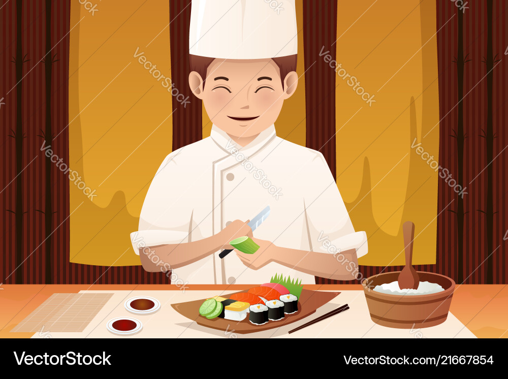 Sushi chef working in a restaurant Royalty Free Vector Image