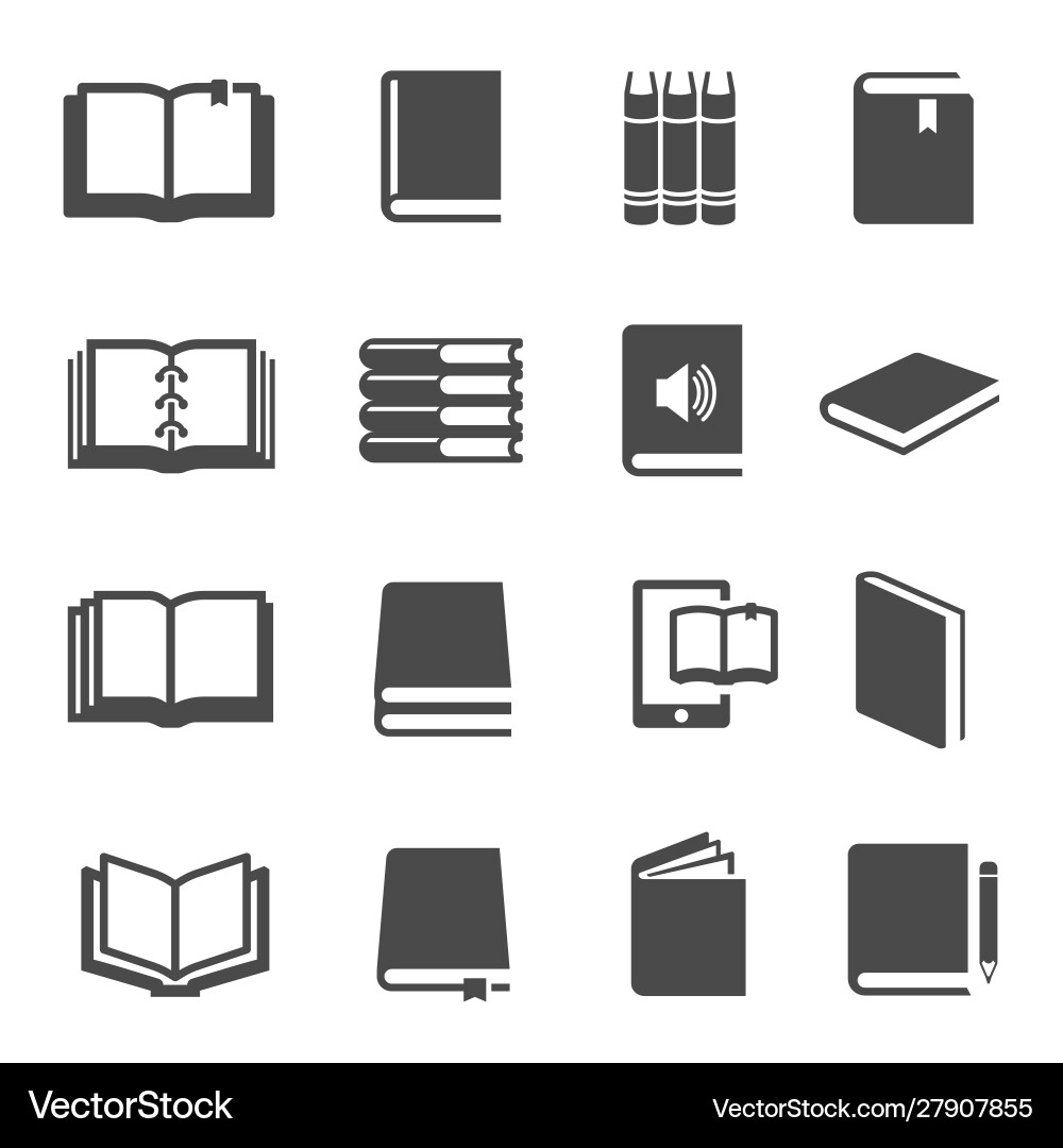 Different books black glyph icons set Royalty Free Vector