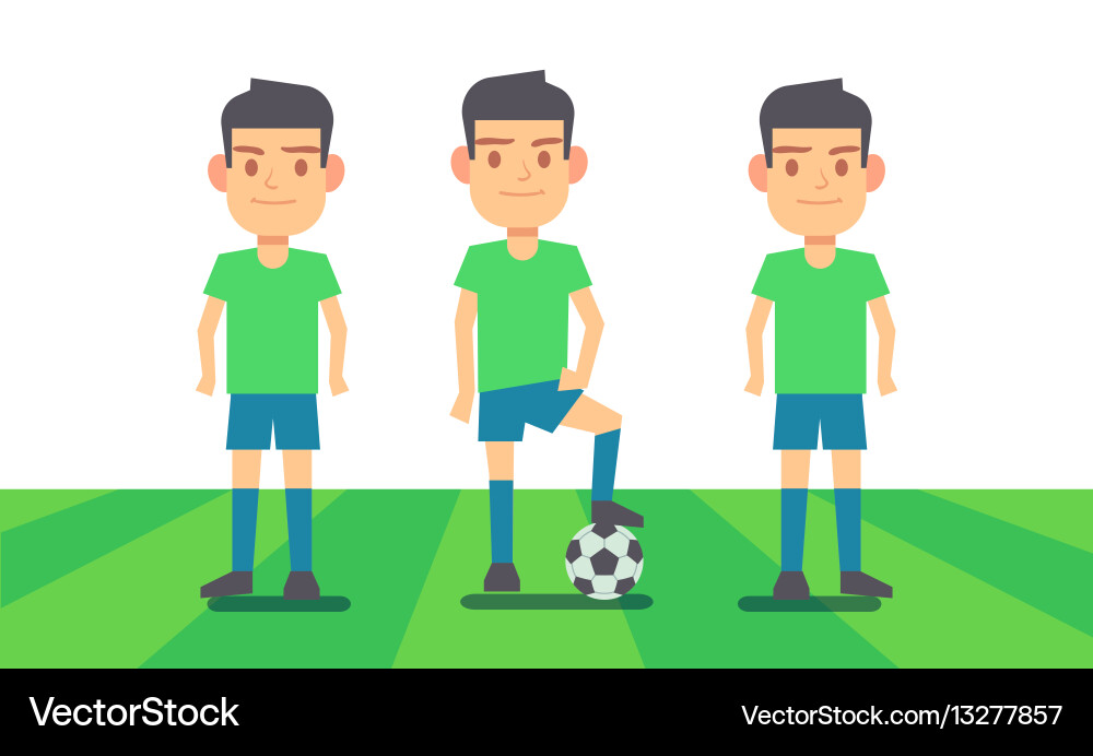 Three soccer players on green field Royalty Free Vector