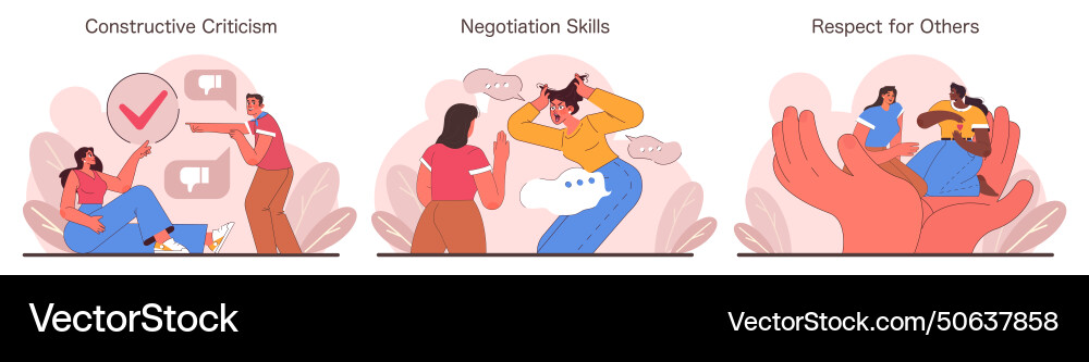 Assertiveness skills set flat Royalty Free Vector Image Assertiveness skills set flat Royalty Free Vector Image