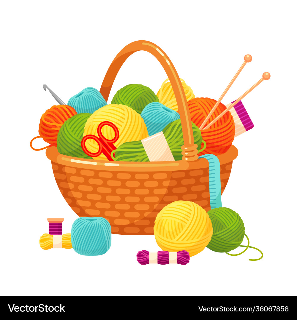 Basket with knitting balls bright decorative home Vector Image