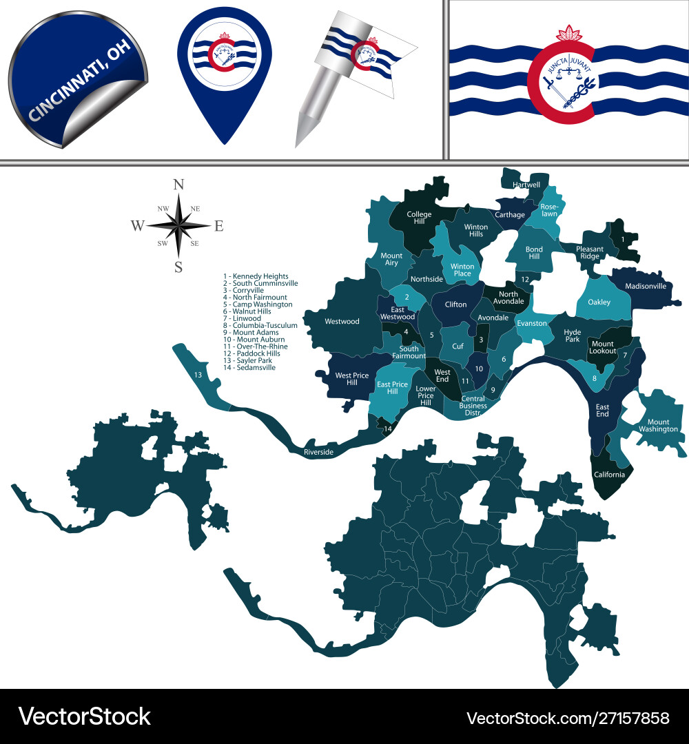 Cincinnati Map with Neighborhoods & Districts Vector Image