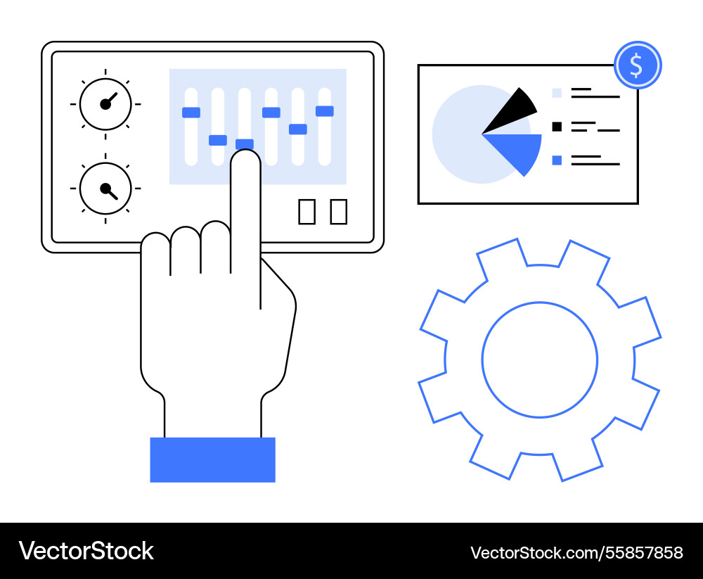 Hand adjusting controls on dashboard with charts Vector Image