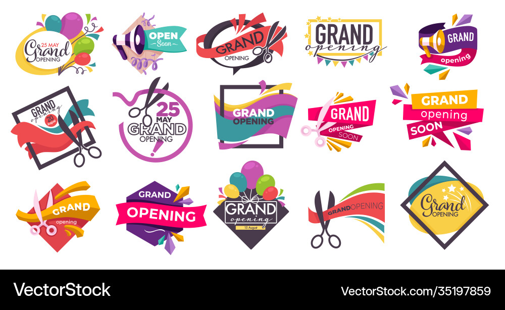 Grand opening cutting scissors and ribbons banner Vector Image