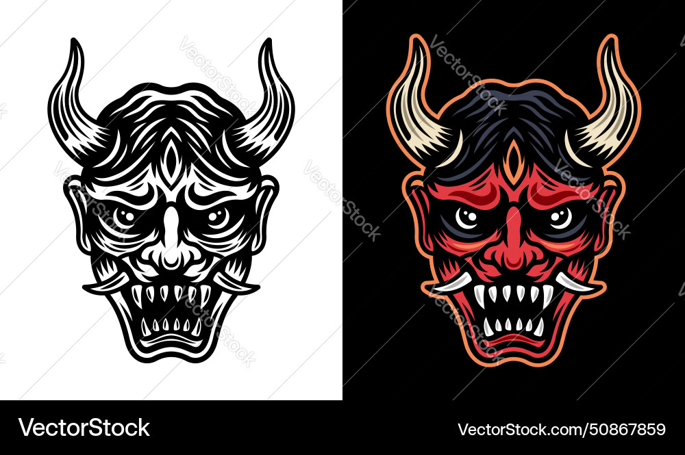 Oni mask with horns in two Royalty Free Vector Image