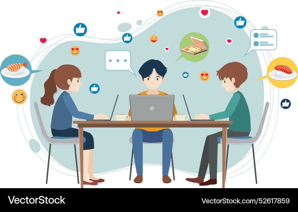 Three people working on laptops sharing ideas Vector Image