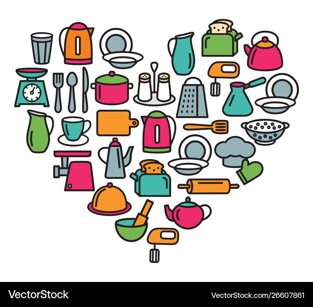Cooking set kitchenware line icons in heart Vector Image