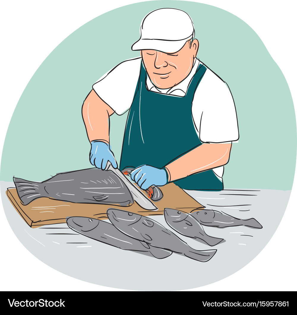 Fishmonger cutting fish cartoon Royalty Free Vector Image
