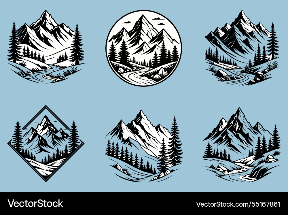 Six vintage mountain landscape designs Royalty Free Vector